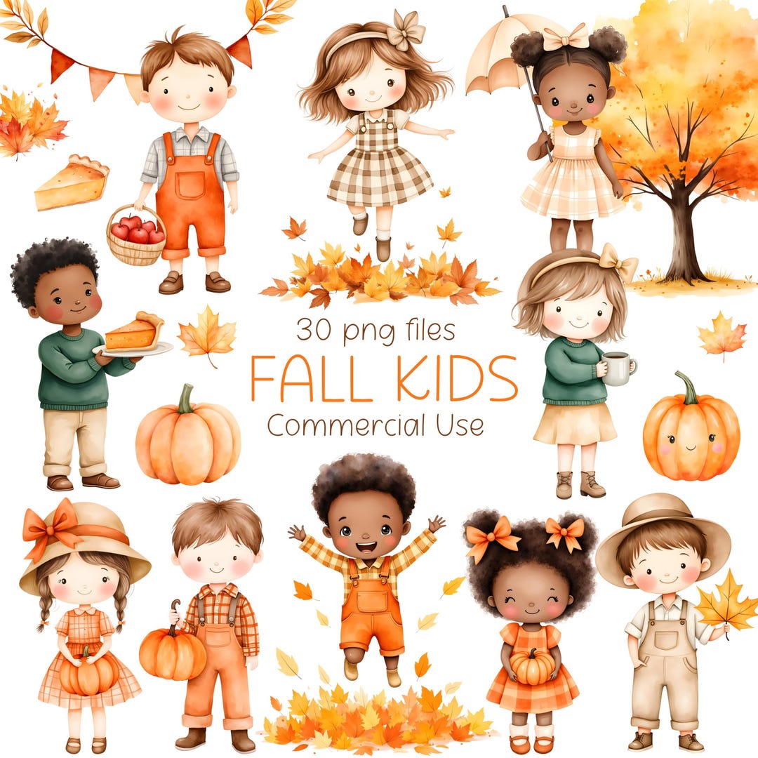 Fall Kids Clipart - Watercolor - Cute Autumn Png - Kids Clipart Bundle ...