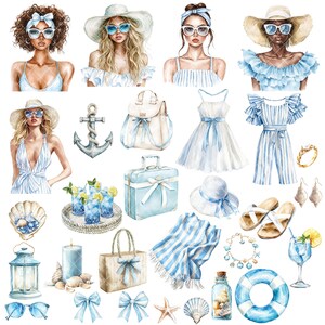 Coastal Summer Clipart - Watercolor - Beach Png - Blue Summer - Preppy ...