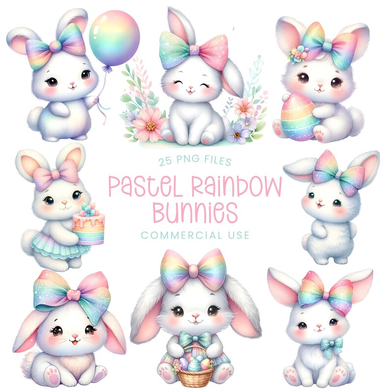 Pastel Rainbow Bunny Clipart – Watercolor Rabbit PNG, Easter Bundle ...