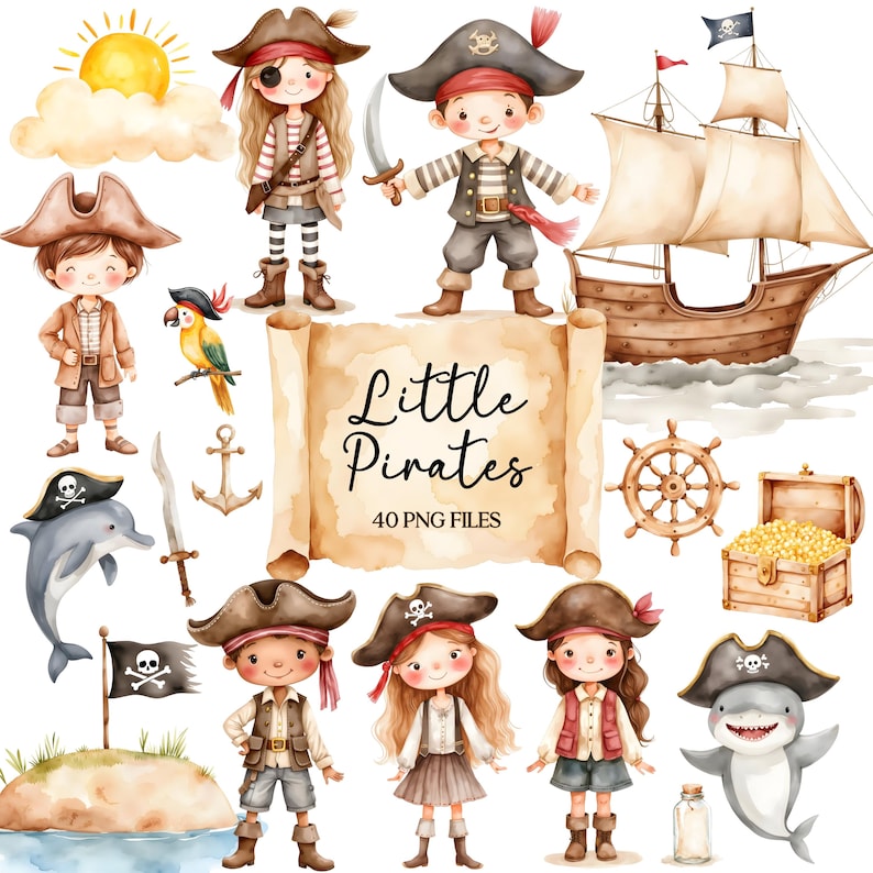 Cute Pirate Clipart - Watercolor - Pirate Png - Pirate Kids - Ocean ...