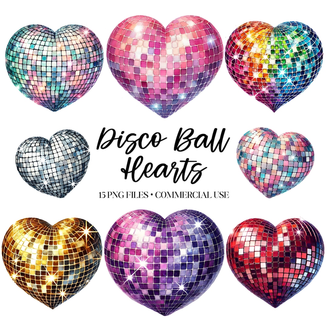 Heart Disco Ball Clipart - Watercolor - Disco Valentine Png - Heart ...
