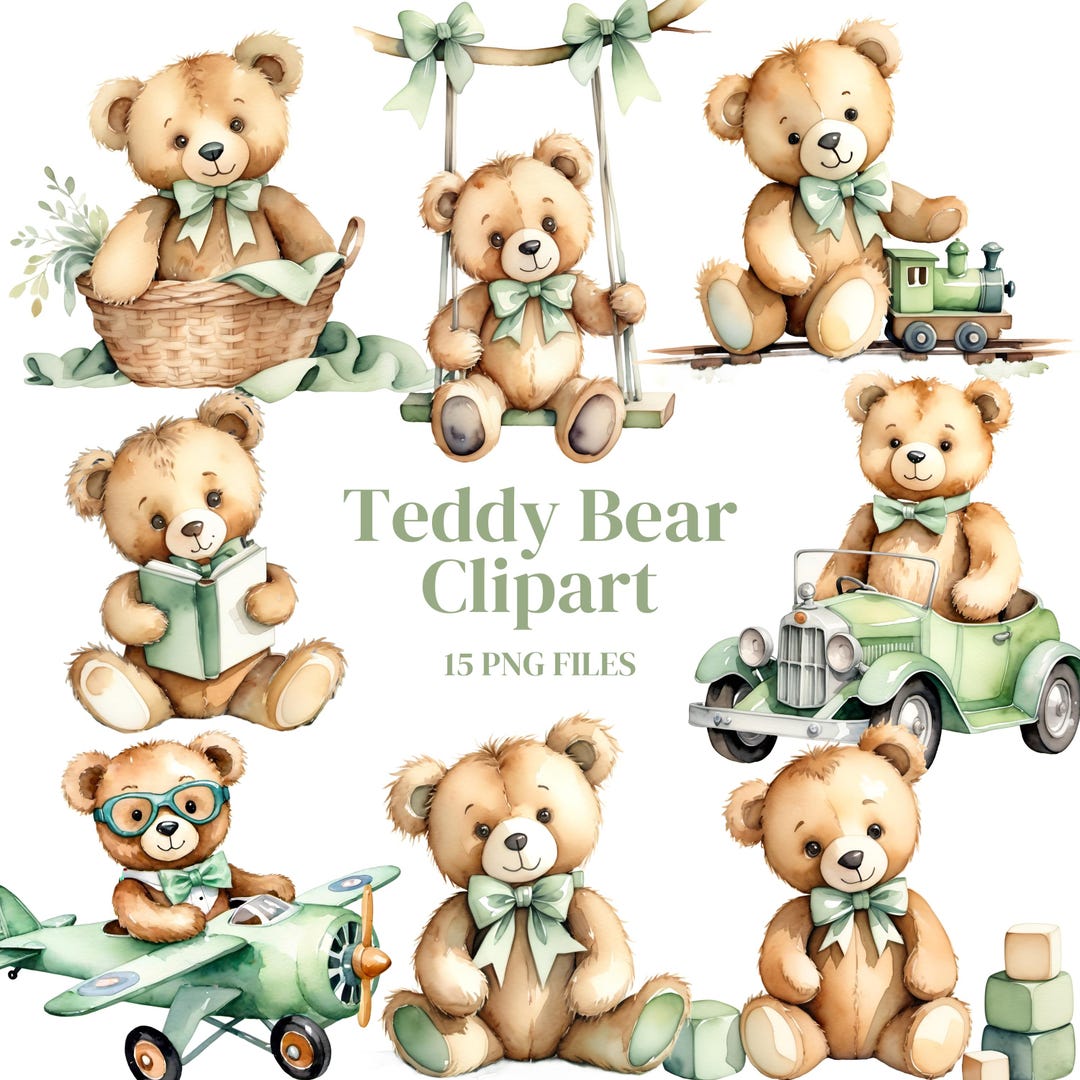 Teddy Bear Clipart - Watercolor - Baby Shower - Sage Green - Instant ...