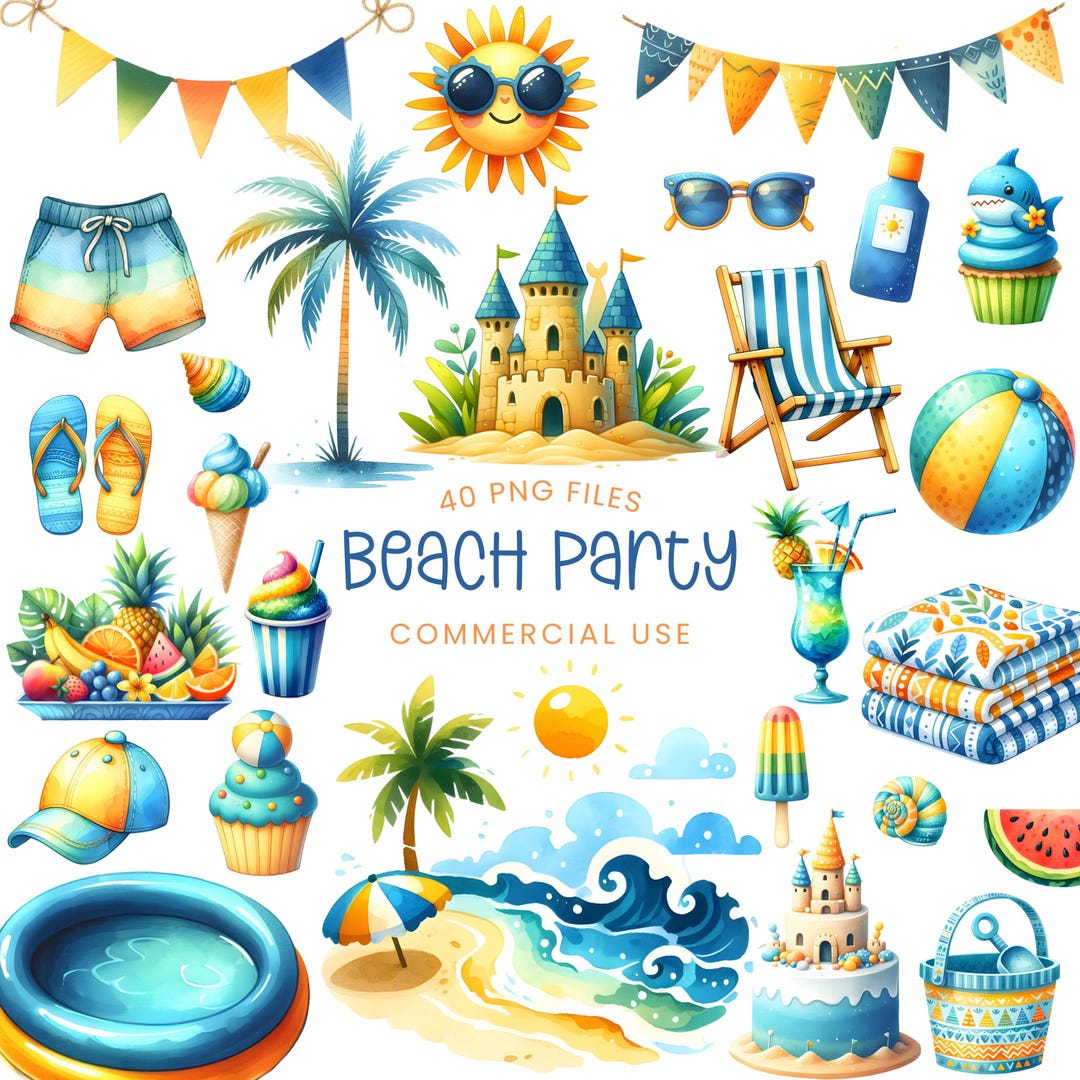 Beach Clipart - Watercolor - Beach Party Png - Summer Clipart ...