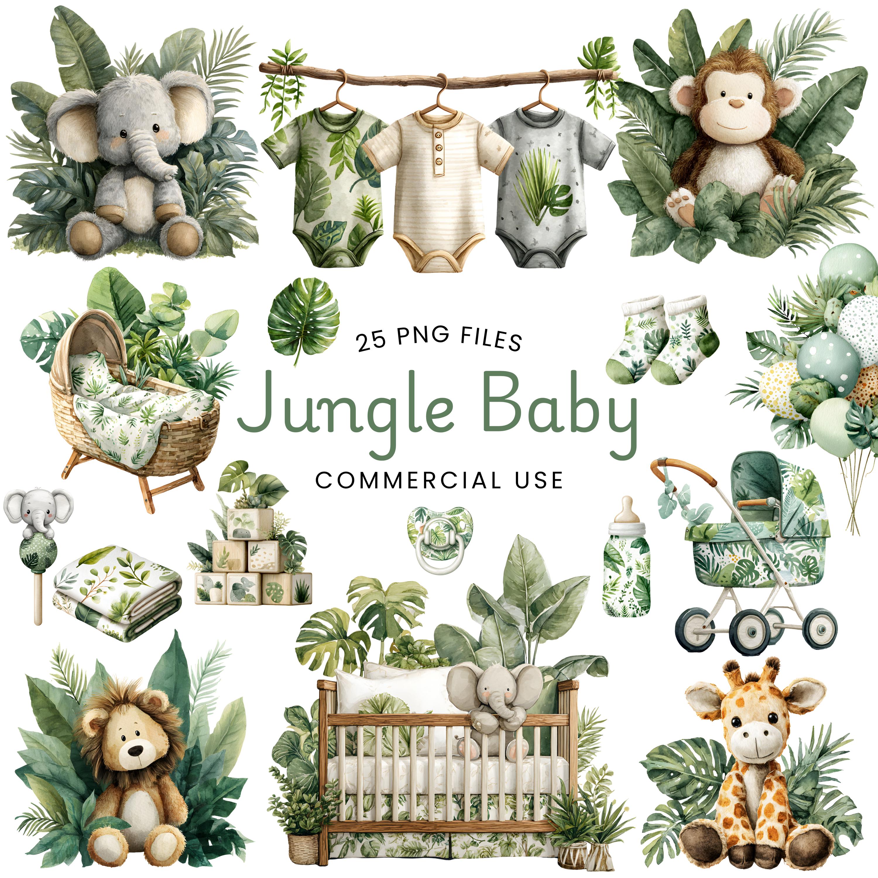 Watercolor Jungle Nursery Clipart – Baby Shower PNG, Safari Animals ...