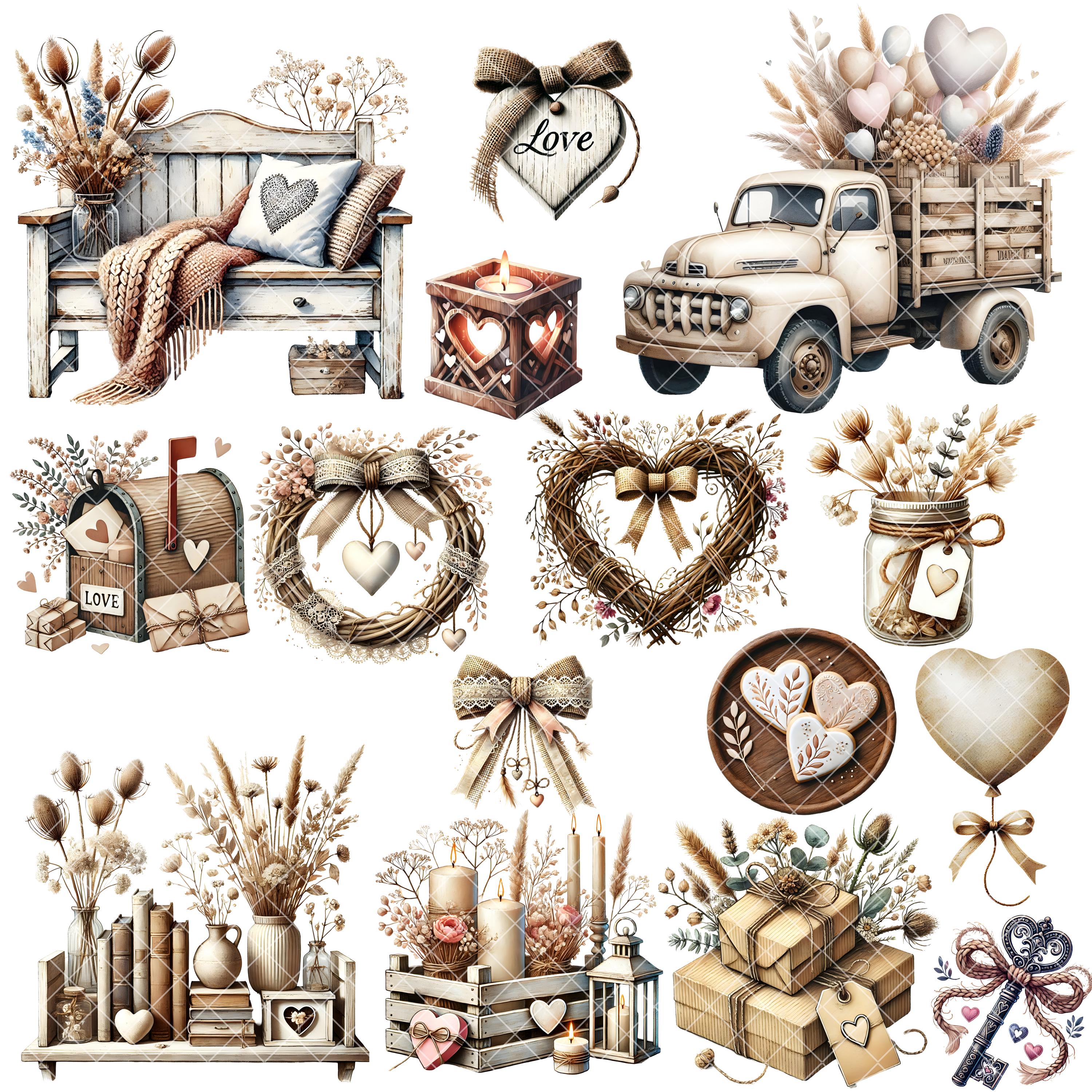 Rustic Boho Valentine Clipart - Watercolor - Valentine Png ...