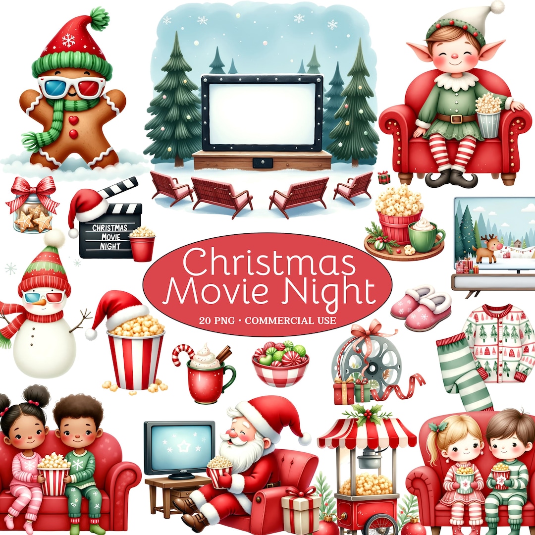 Christmas Movie Night Clipart - Watercolor - Cute Christmas Pngs ...