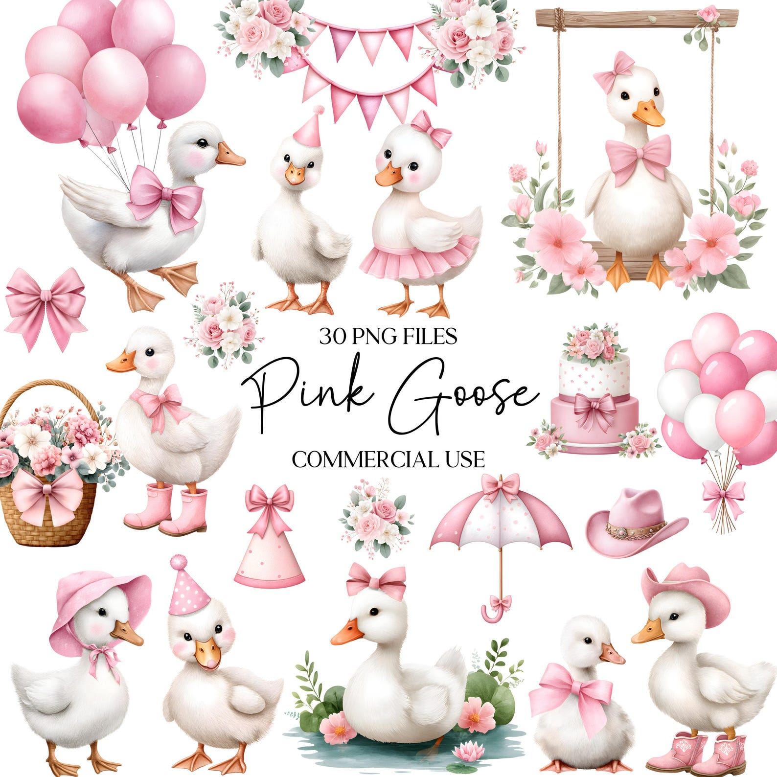 Pink Goose Clipart - Watercolor - Cute Geese Png - Silly Goose - Girl ...