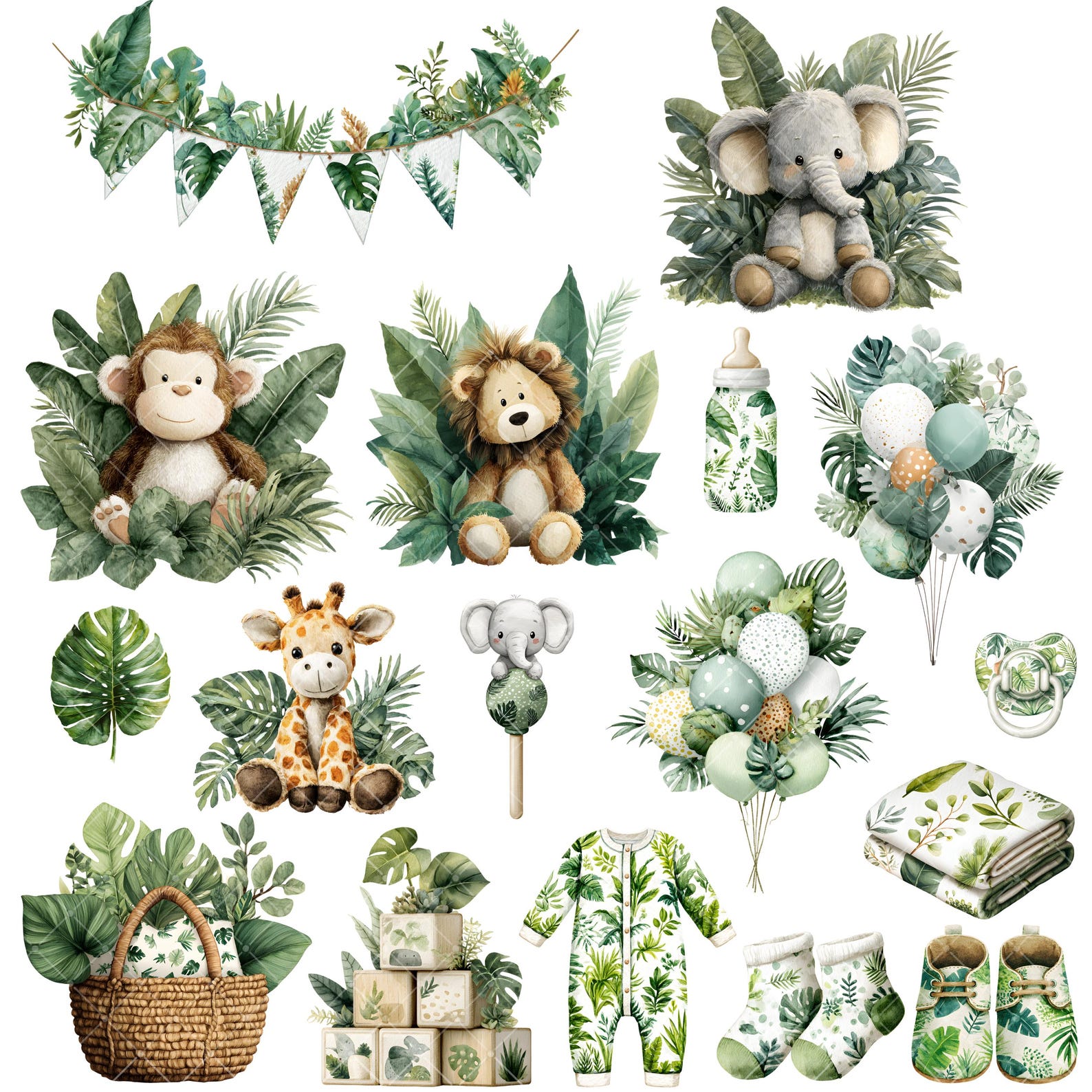 Watercolor Jungle Nursery Clipart – Baby Shower PNG, Safari Animals ...