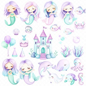 Pastel Mermaid Clipart - Watercolor - Under the Sea - Png - Sea Animals ...