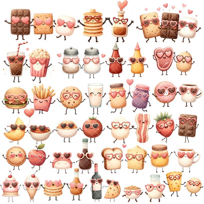 Valentine Food Pairs Clipart - Watercolor - Cute Valentine's Day ...