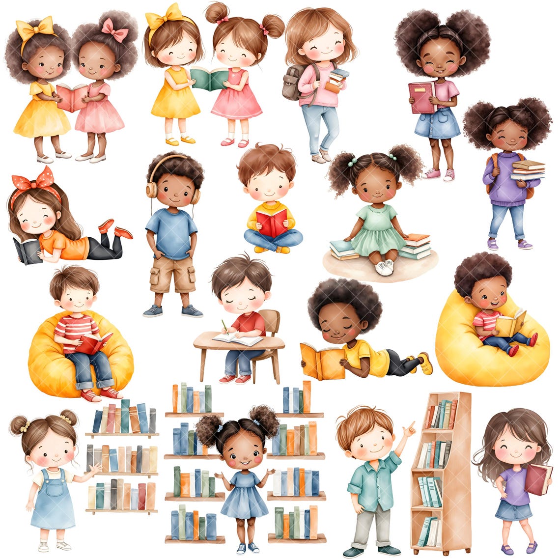 Library Kids Clipart - Watercolor - Book Png - Reading Clipart - School ...