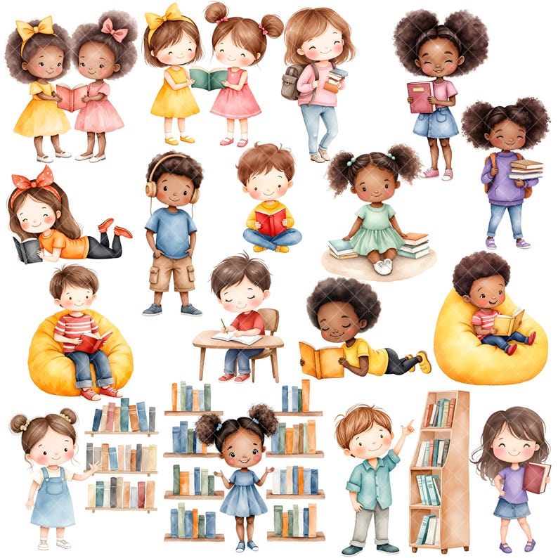 Library Kids Clipart - Watercolor - Book Png - Reading Clipart - School ...