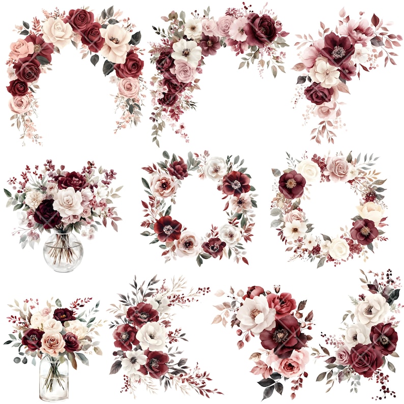 Burgundy Floral Clipart - Watercolor - Botanical Clipart Bundle ...