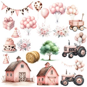 Farm Birthday Clipart - Watercolor - Cute Farm Png - Pink Farm ...