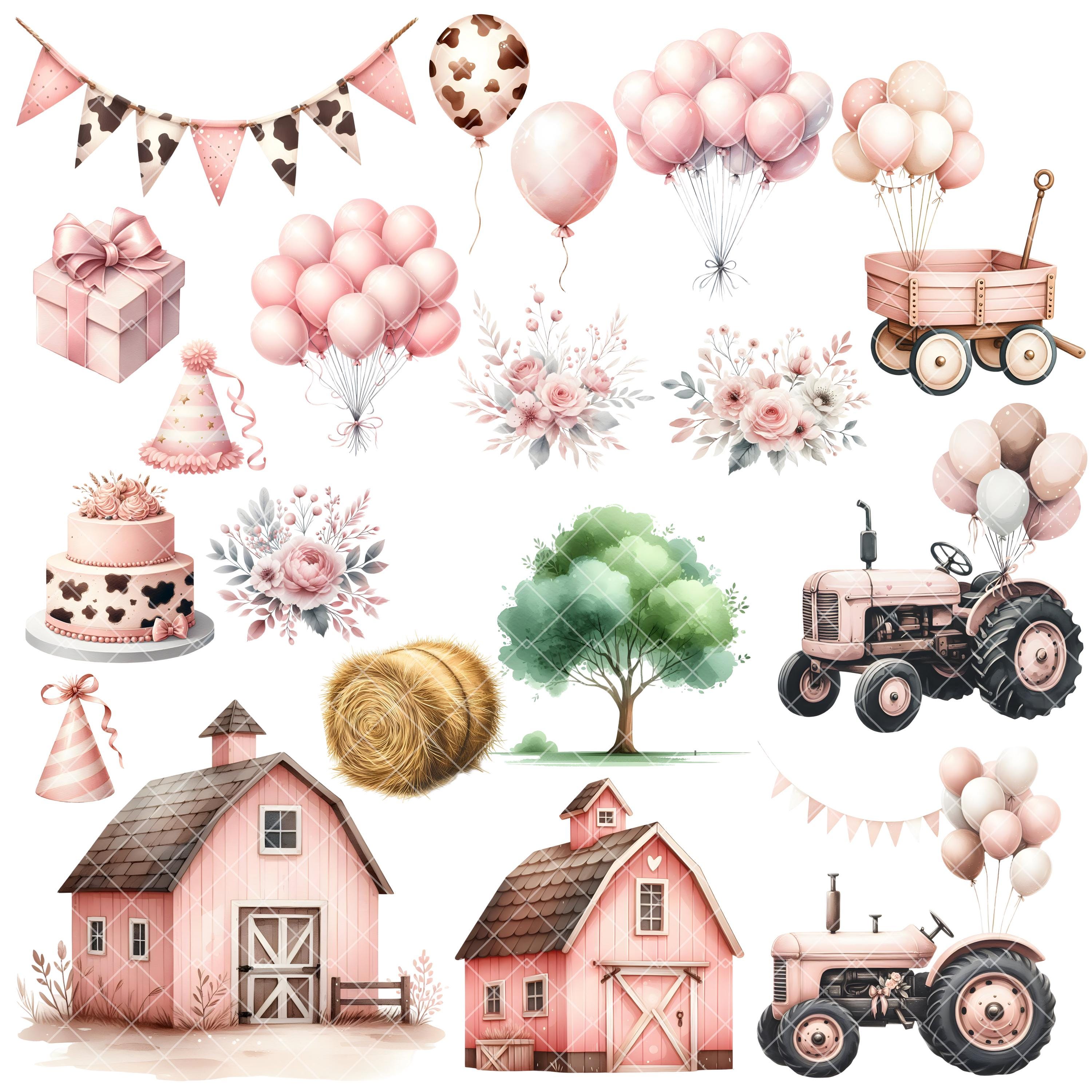 Farm Birthday Clipart - Watercolor - Cute Farm Png - Pink Farm ...
