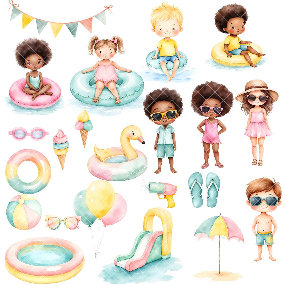 Pool Party Clipart - Watercolor - Cute Summer Clipart - Kid's Birthday ...
