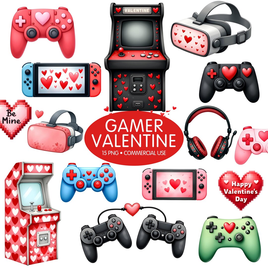 Valentine Gamer Clipart - Watercolor - Video Game Png - Valentine's Day ...