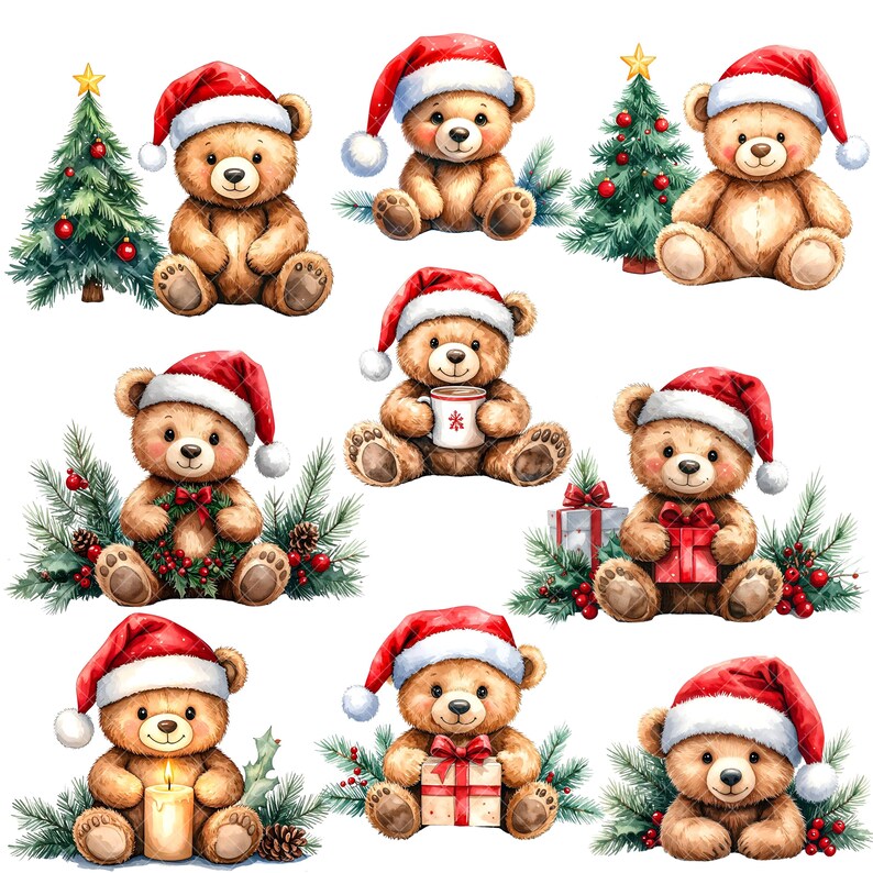 Christmas Bears Clipart - Watercolor - Cute Christmas Png - Teddy Bear ...