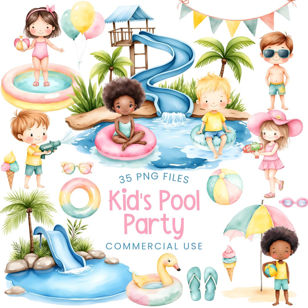 Pool Party Clipart - Watercolor - Cute Summer Clipart - Kid's Birthday ...