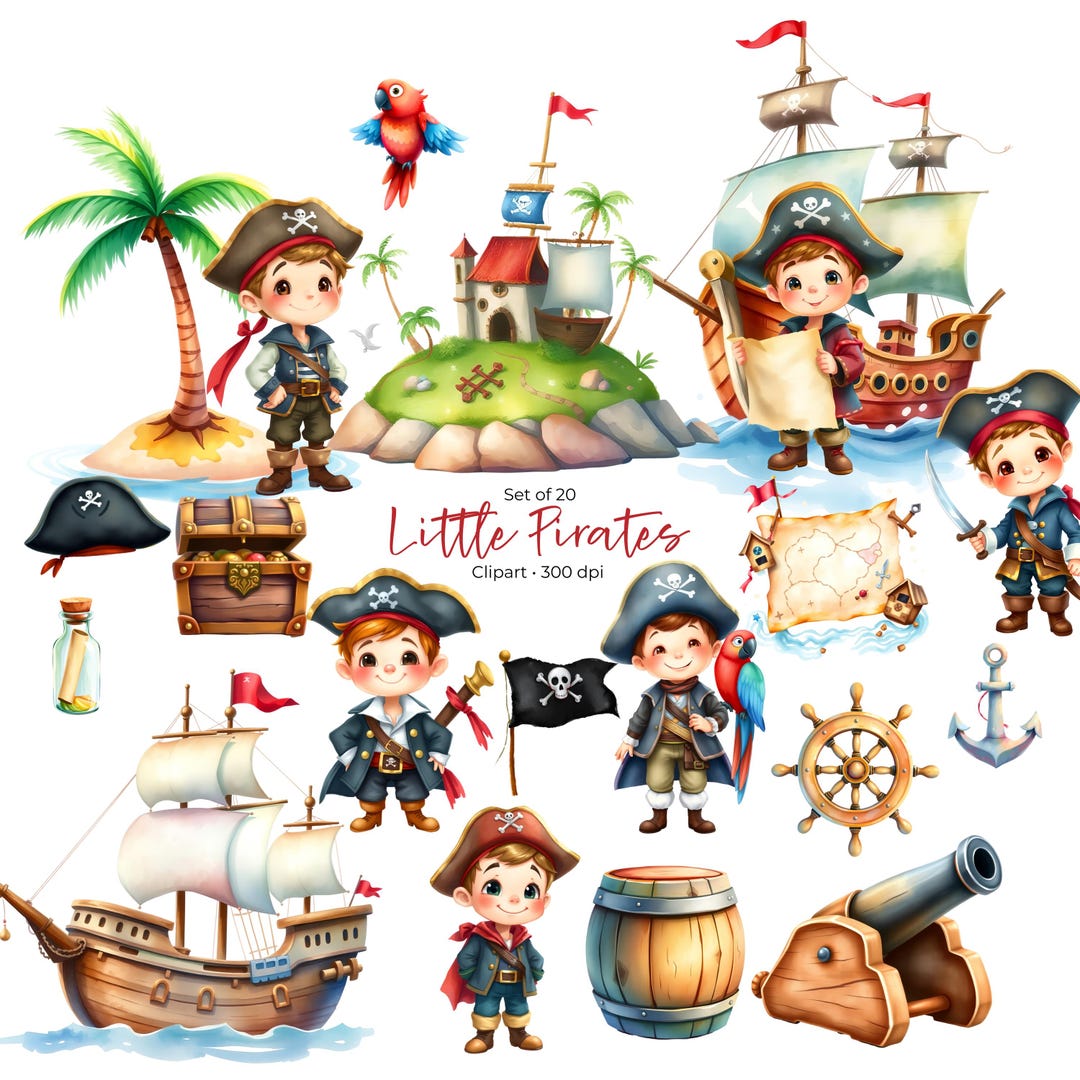 Pirate Clipart - Watercolor - Cute Pirates - Little Pirates - Treasure ...