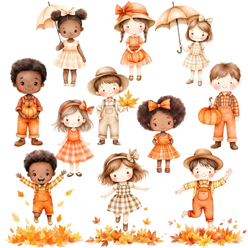Fall Kids Clipart - Watercolor - Cute Autumn Png - Kids Clipart Bundle ...
