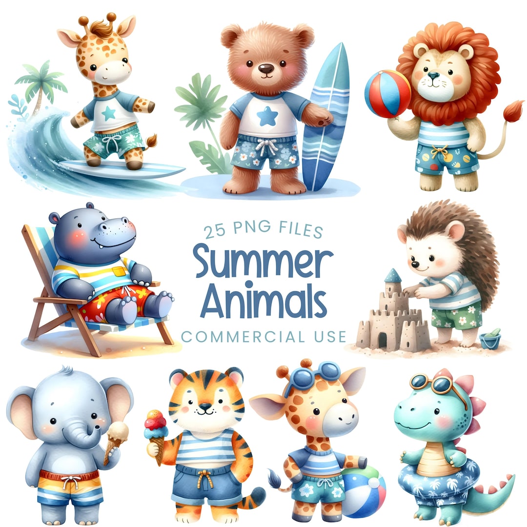 Cute Summer Animals - Watercolor Clipart - Kids Summer Png - Bear ...