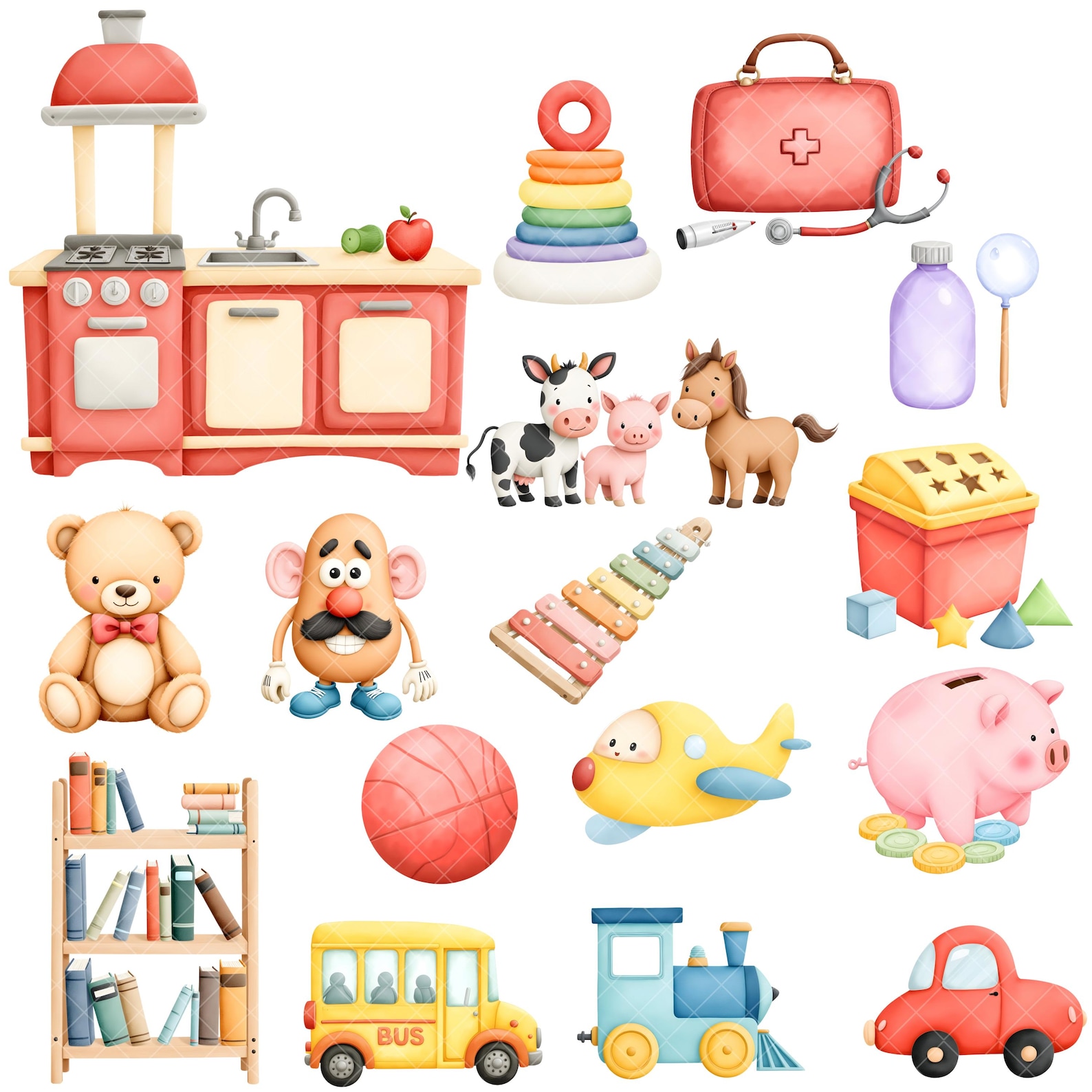 Playtime Clipart - Watercolor - Kid's Clipart Bundle - Toy Png - Cute ...