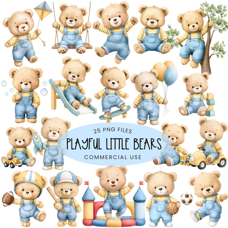 Playful Teddy Bear Clipart - Watercolor - Nursery Art - Bear Png ...