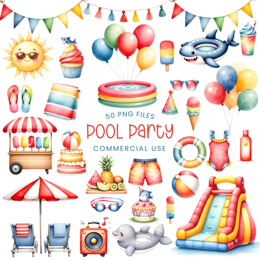 Pool Party Clipart - Watercolor - Cute Summer Clipart - Boy's Birthday ...