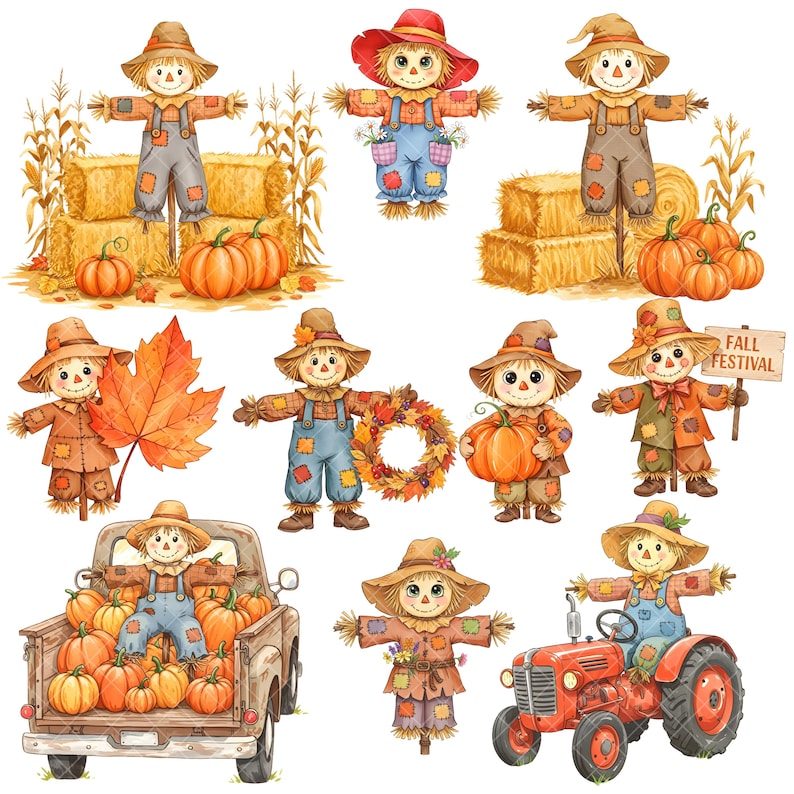Cute Scarecrow Clipart - Watercolor - Fall Clipart - Scarecrow ...
