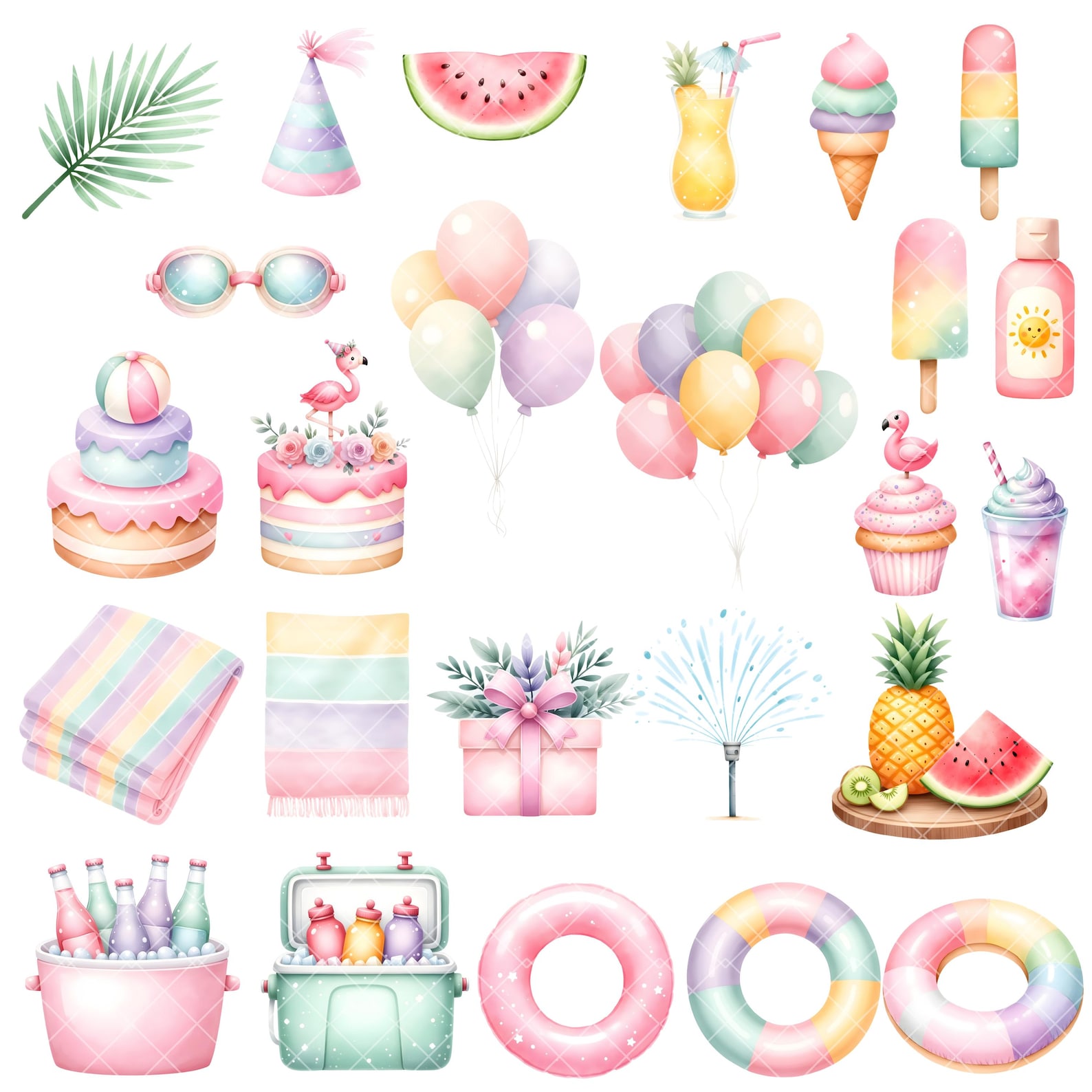 Pastel Pool Party Clipart - Watercolor - Cute Summer Clipart - Girl's ...