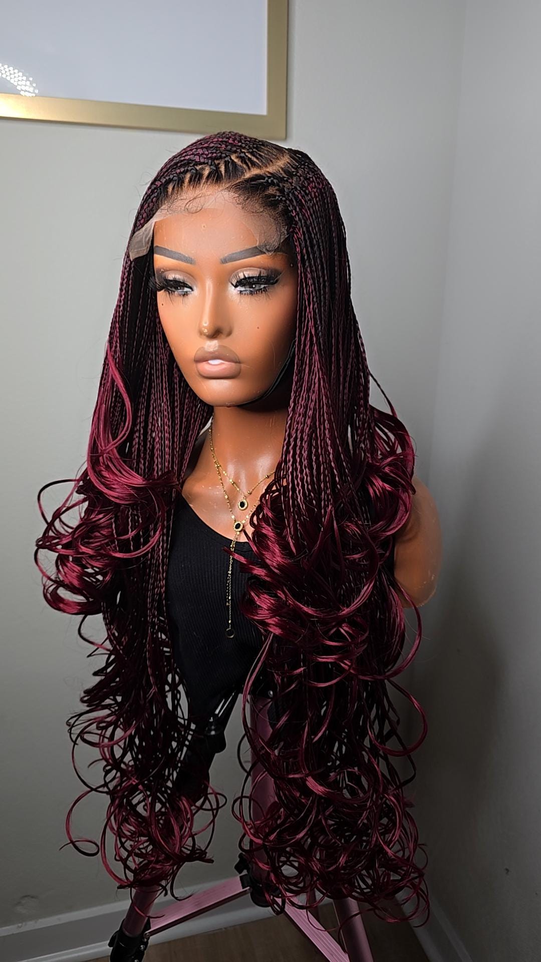 30-inch Burgundy Color C- Part Glueless Boho Small Briaded Wig 6x6 Lace ...
