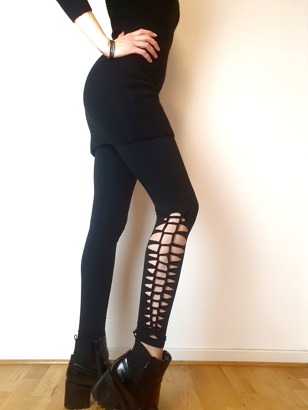 Lower Leg Cut Out Leggings Braided on the Side, Black, Cotton, Festival ...