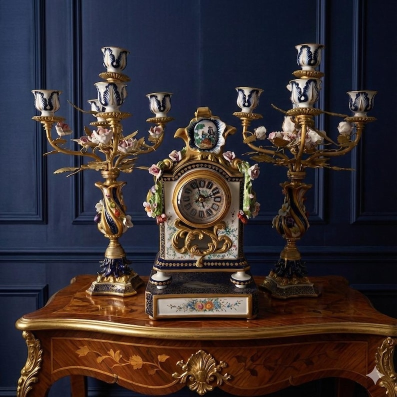 Antique Rococo Porcelain Clock & Candelabra Set | Floral Gilt Mantel ...