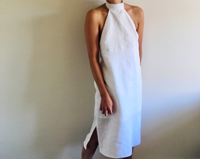 Linen Cotton Halter Dress - Open Back Dress - Linen Cotton Dress ...