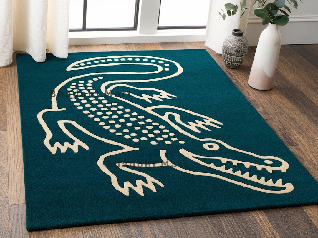 Modern Hand Tufted Wool Rug - Alligator Design in Deep Teal-area Rug ...