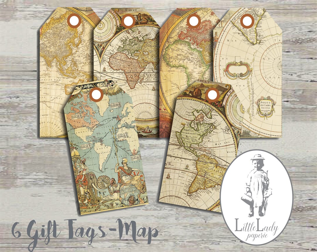 Vintage Map Gift Tags Labels Printable Tags Paper Crafting Scrapbooking ...