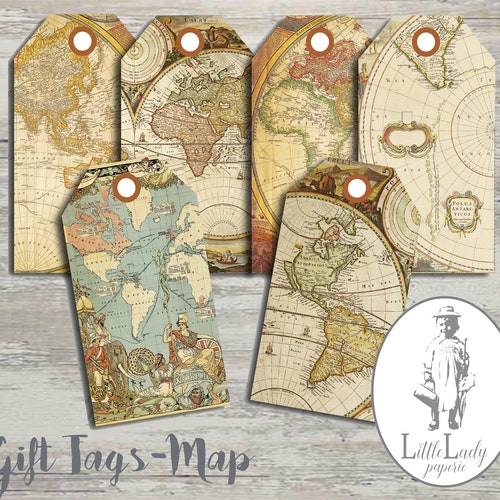 Vintage Map Gift Tags Labels Printable Tags Paper Crafting - Etsy