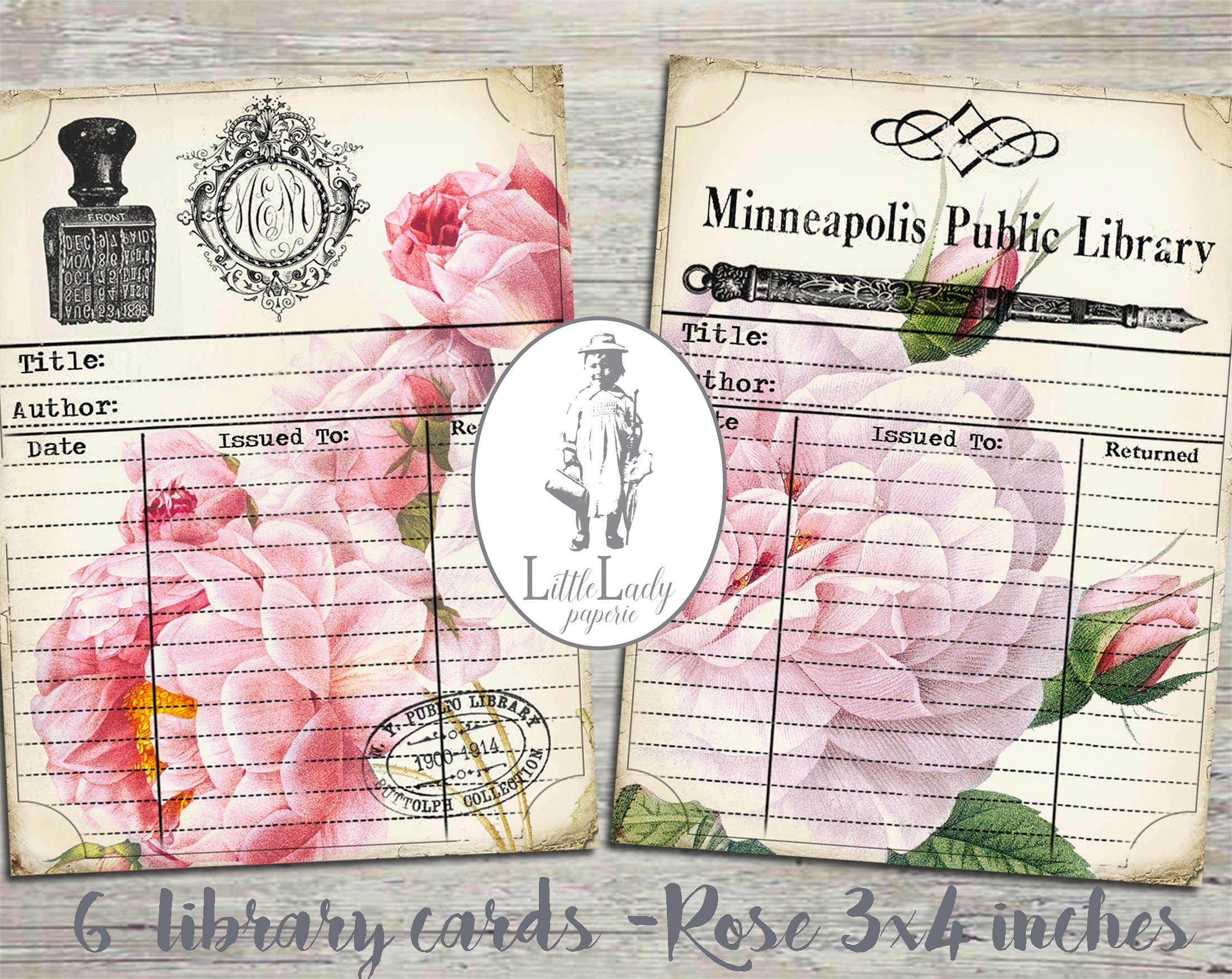 Library Cards French Rose Ephemera Junk Journal Digital Download French ...