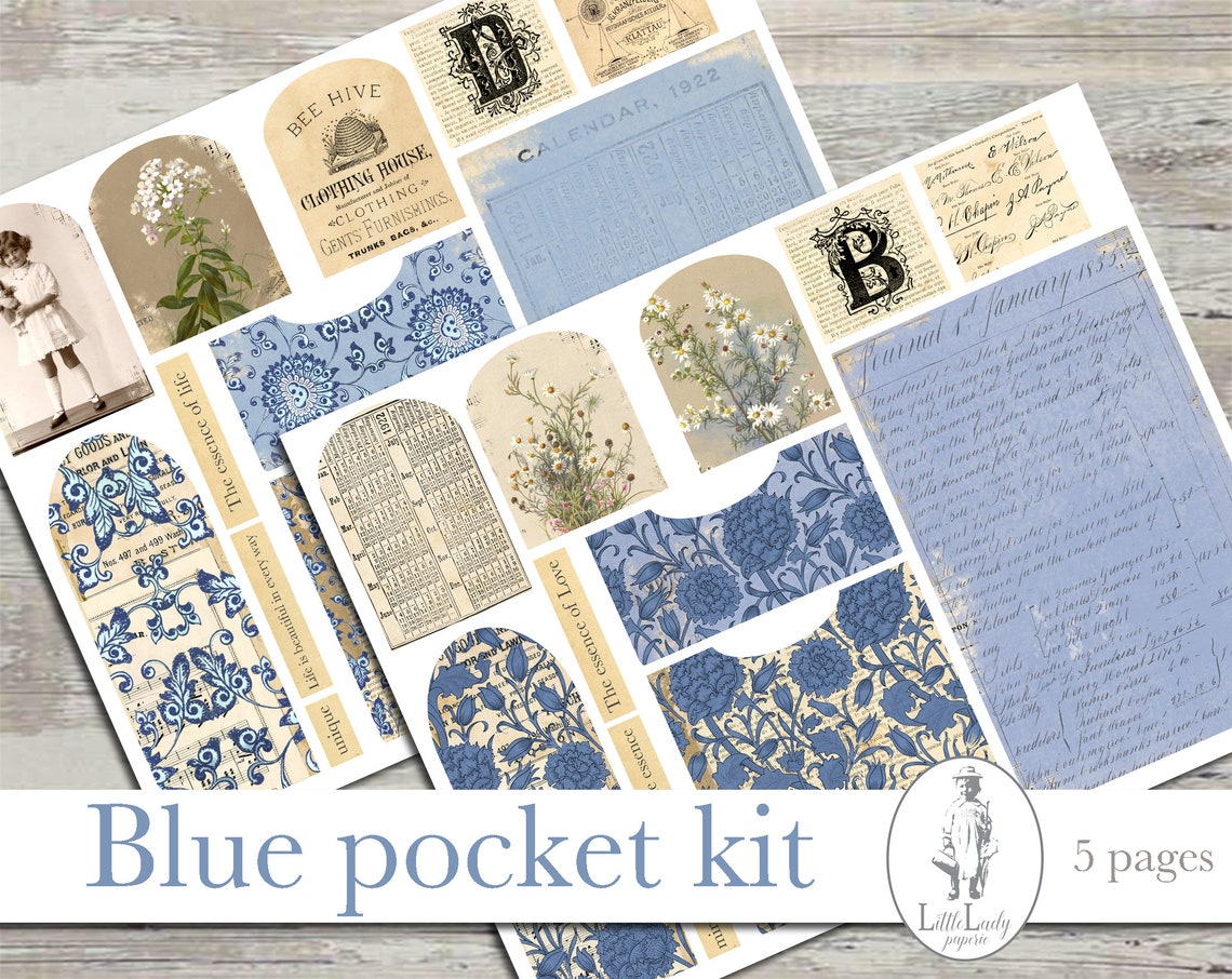 Blue Pattern Junk Journal Kit Blue Shabby Chick Digital Pocket Kit Blue ...