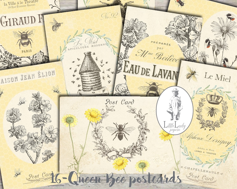 Bee Junk Journal Postcards Bees Digital Collage Sheet Bee - Etsy