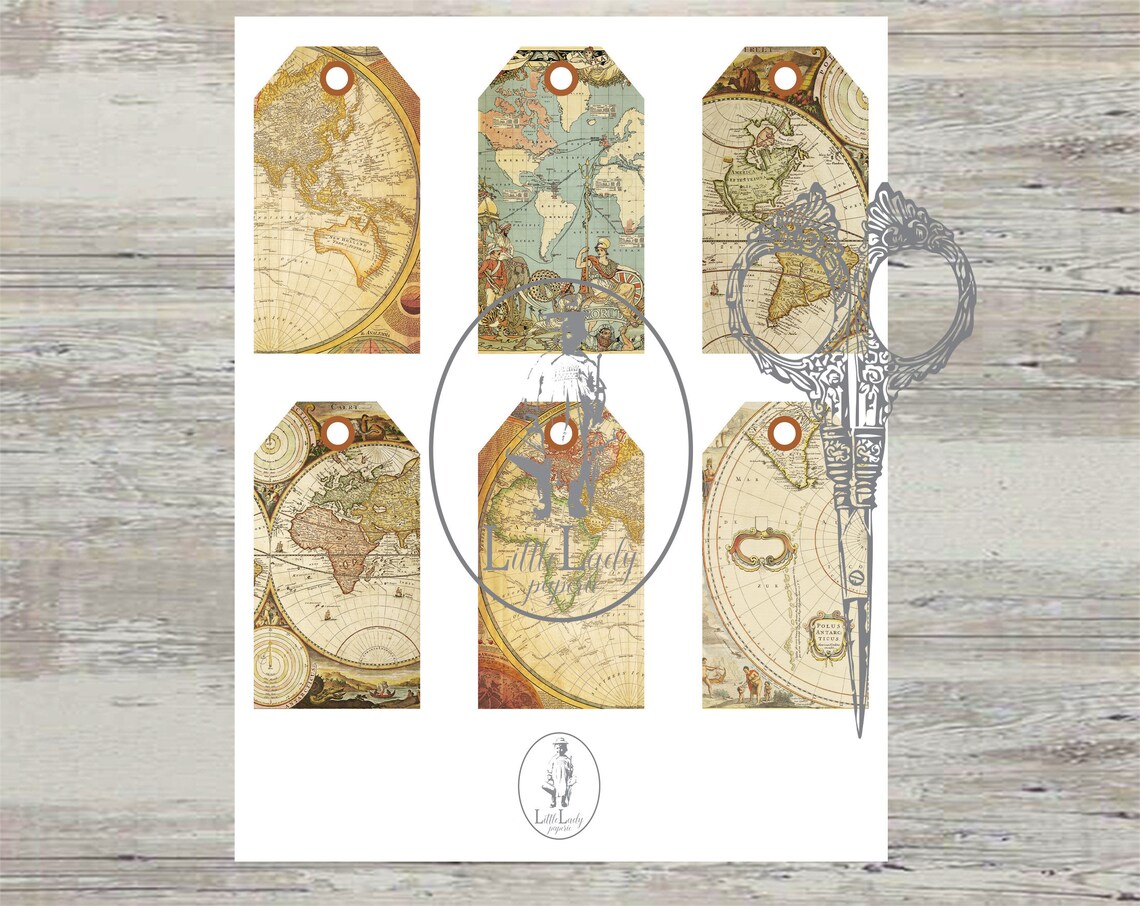 Vintage Map Gift Tags Labels Printable Tags Paper Crafting - Etsy