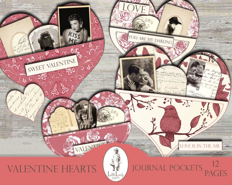 Valentine Hearts Journal Pockets, Ephemera Kit (digital Download) - Etsy