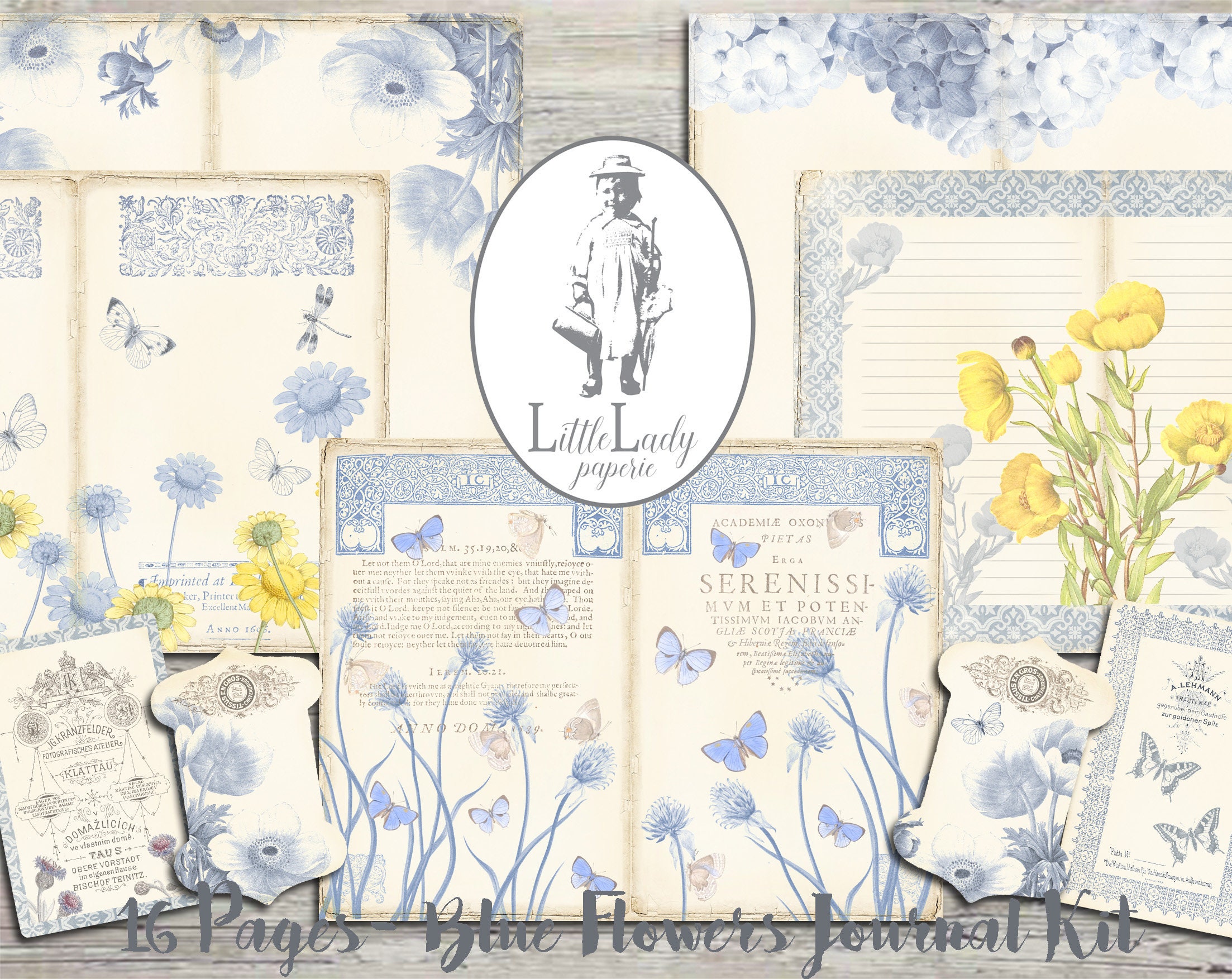 Junk Journal Shabby Blue Flowers Butterfies Roses Printable - Etsy