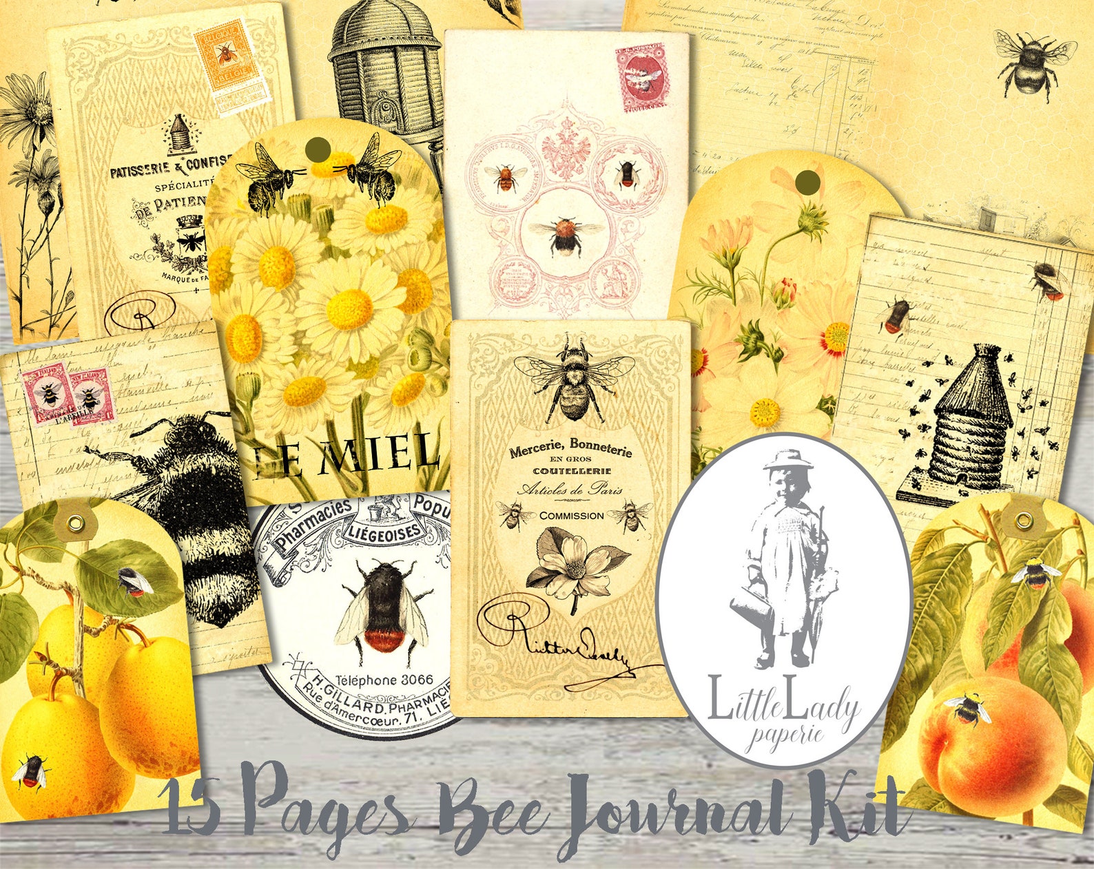 Bee Journal Pages Printable Bee Ephemera Digital Collage Sheet Bee Junk ...