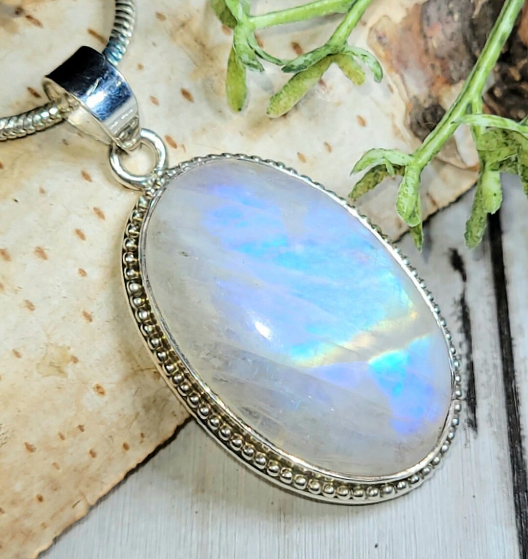 Moonstone Pendant, Rainbow Moonstone Oval Cabochon Sterling Silver ...