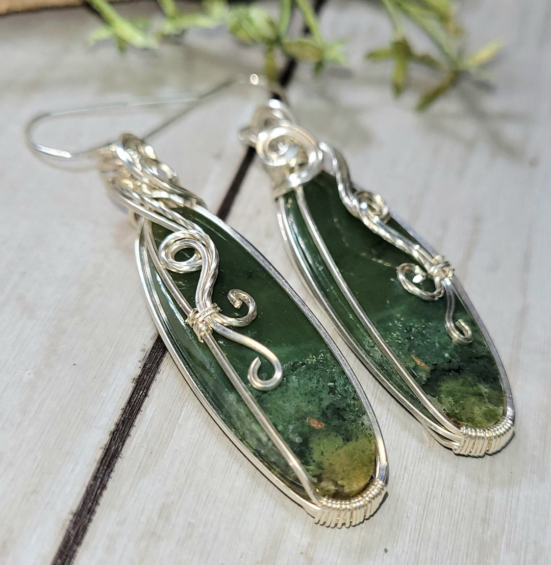 Moss Agate Earrings, Moss Agate Wire Wrapped Earrings, Sterling Silver ...