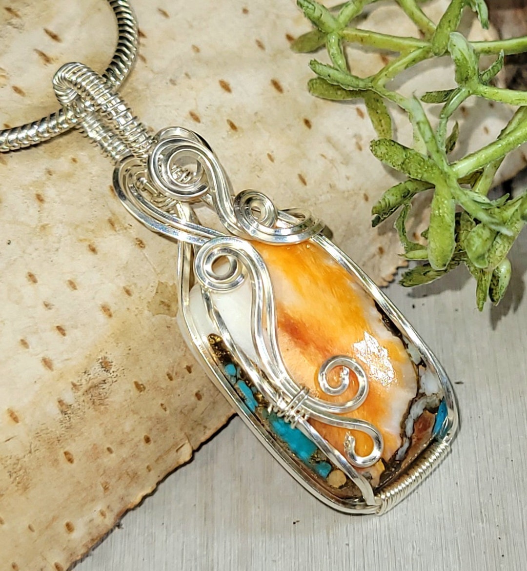 Spiny Oyster Turquoise Sterling Silver Pendant: Handmade Wire Wrapped ...