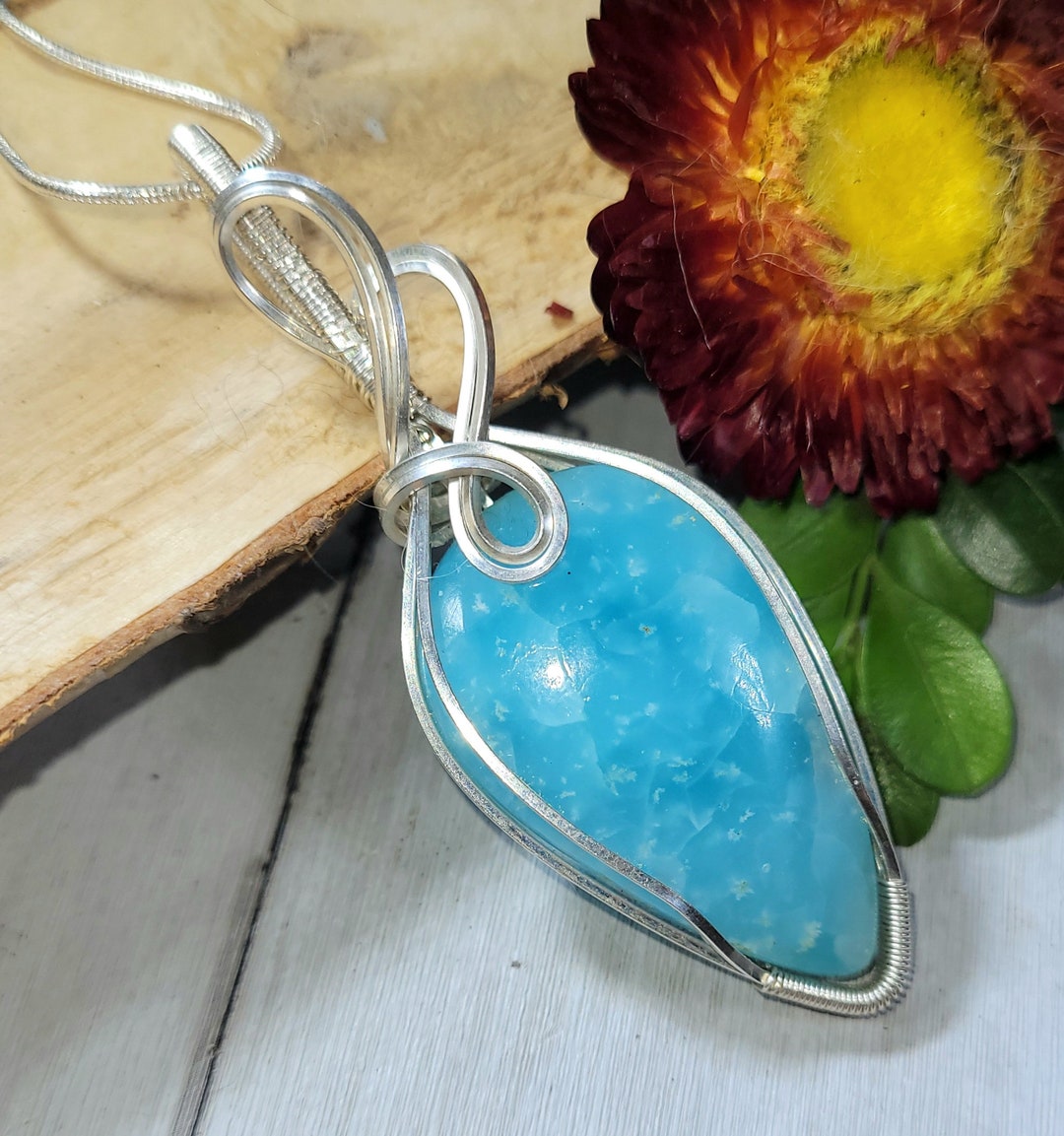 Natural Premium Hemimorphite Wire Wrapped .925 Silver Pendant, Sterling ...