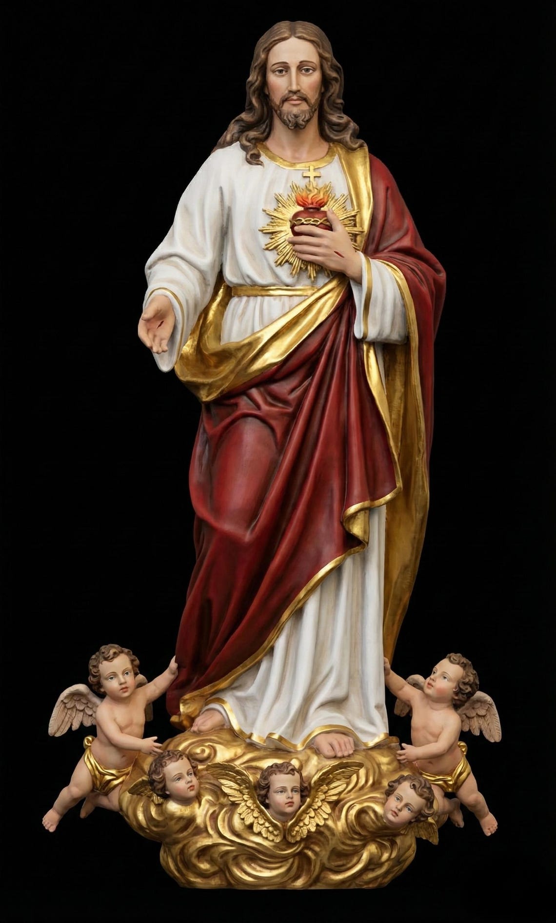 Hand-painted Sacred Heart of Jesus Statue With Cherubs – Catholic Resin ...